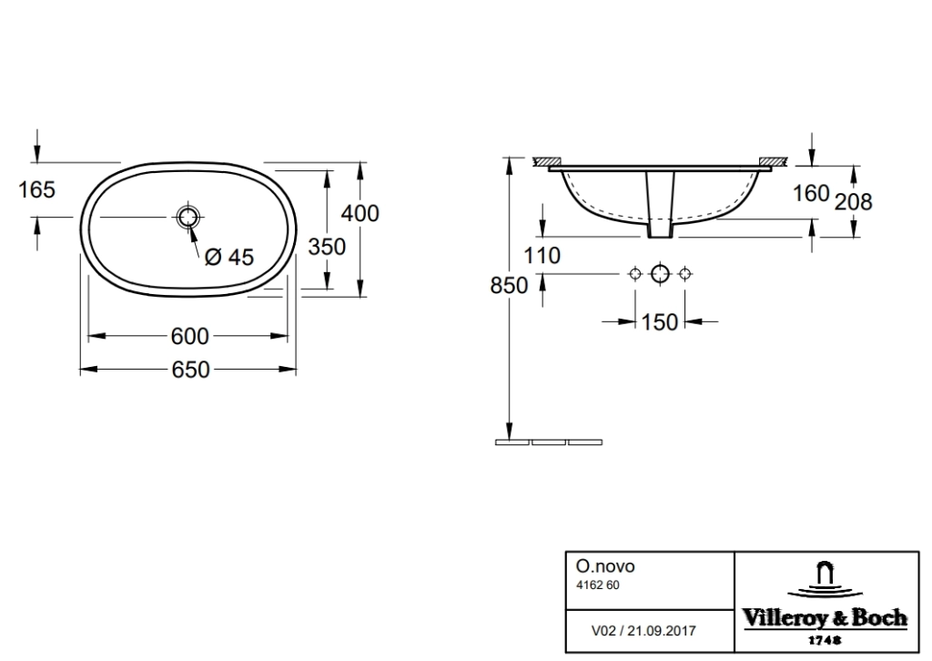 Умывальник Встраиваемый Снизу Villeroy & Boch O.novo 60x35 Cm 41626001 ...
